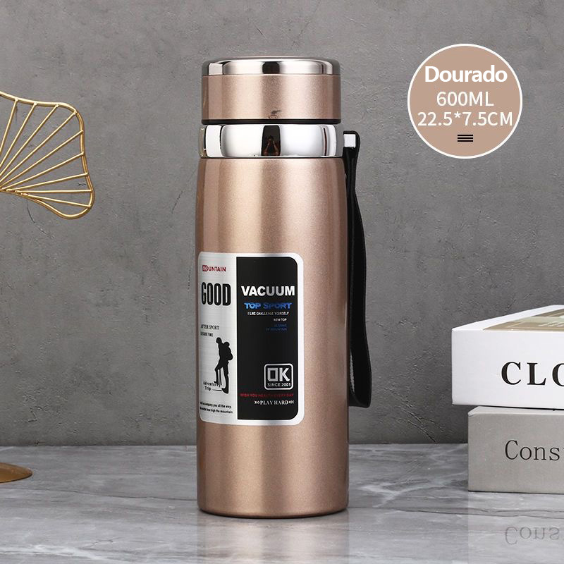 Garrafa 1000ml Inox Térmica Com Infusor Prata e Dourada De Água Café ...