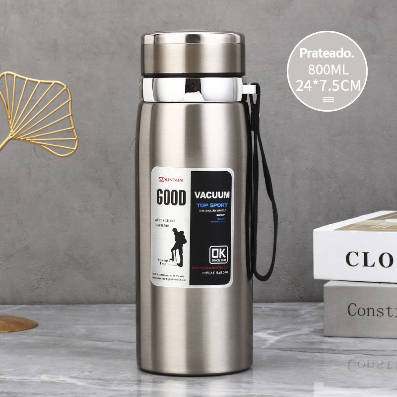 Garrafa 1000ml Inox Térmica Com Infusor Prata e Dourada De Água Café ...