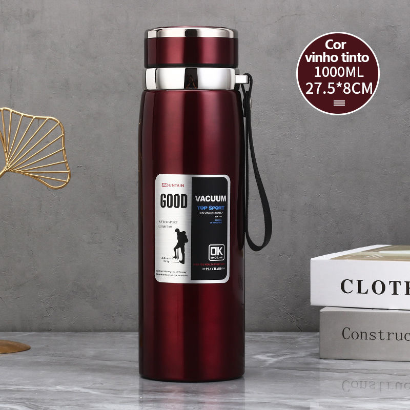 Garrafa 1000ml Inox Térmica Com Infusor Prata e Dourada De Água Café ...