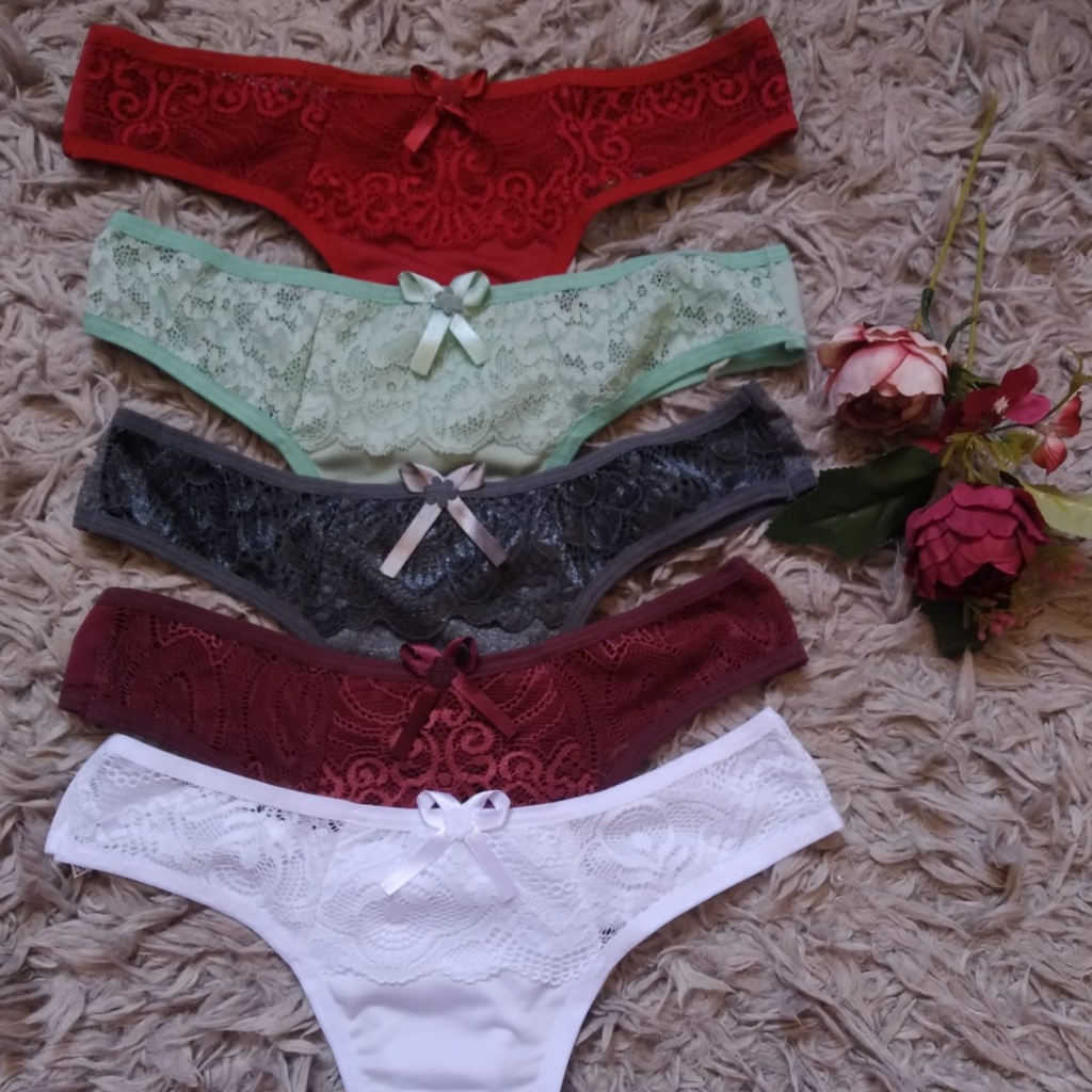 Kit 10 Calcinhas Microfibra e Renda - Tanga fio - Lingerie | Shopee Brasil