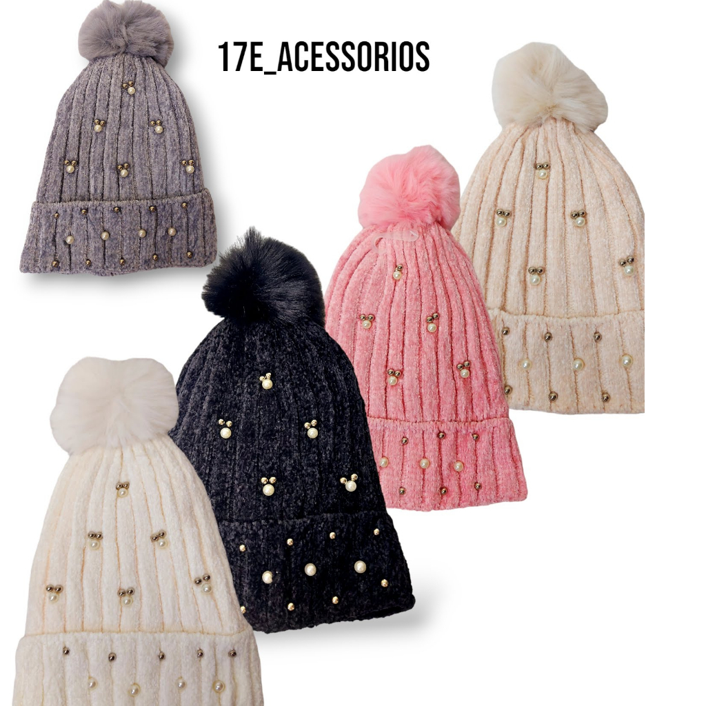 Touca Pérola Pompom Inverno Aveludada Feminina Forrada - Gorro de Lã ...