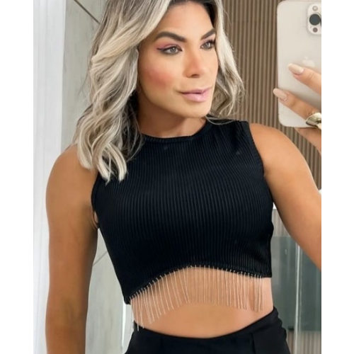 Cropped Franja Strass Canelado 3D Feminino | Shopee Brasil