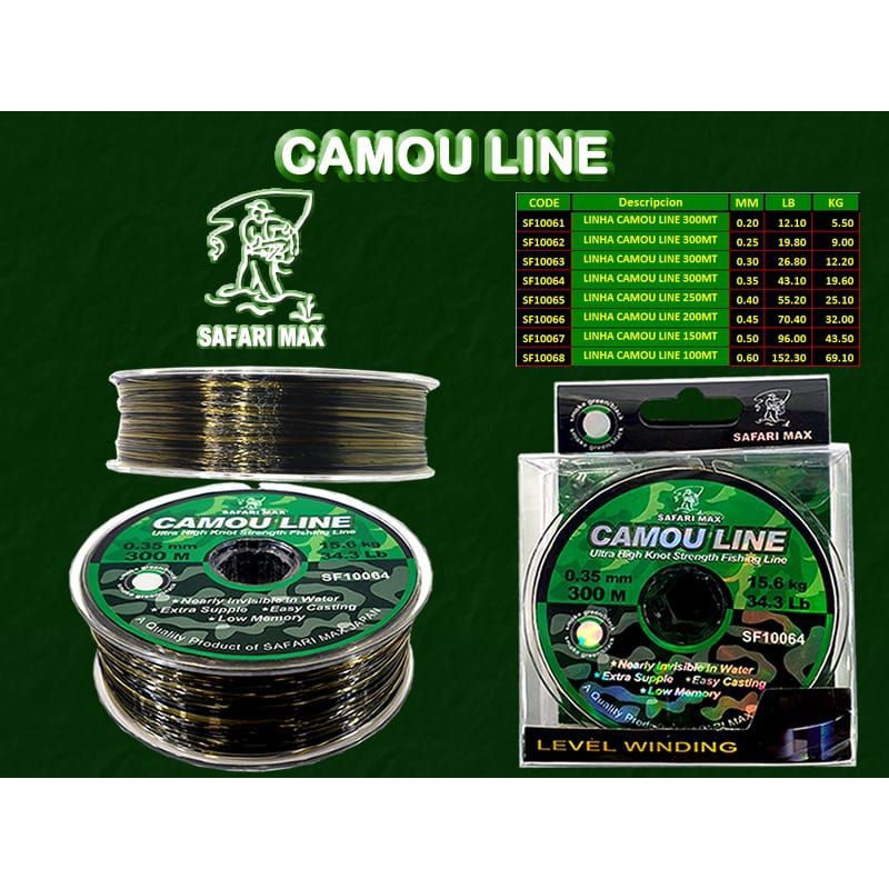 LINHA CAMOU LINE 0.35 300MT LB:43.10 KG:19.60 | Shopee Brasil