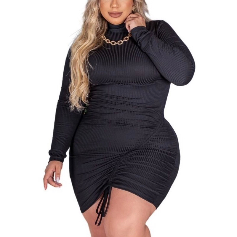 Vestido franzido na perna Moda Gringa Canelado gola alta Plus size ...