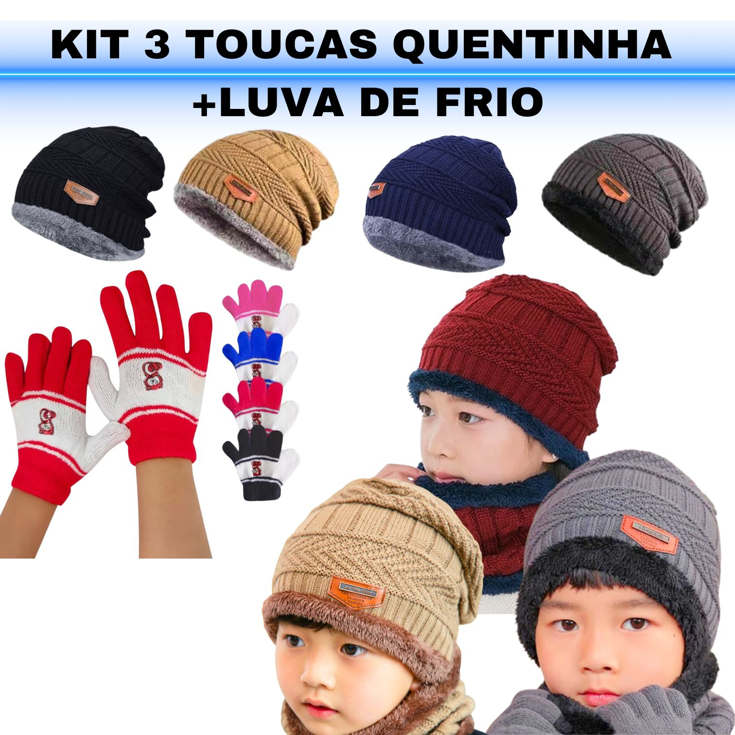 Kit 3 Touca Infantil Gorro Unissex + Luva de Frio Touca de Frio ...