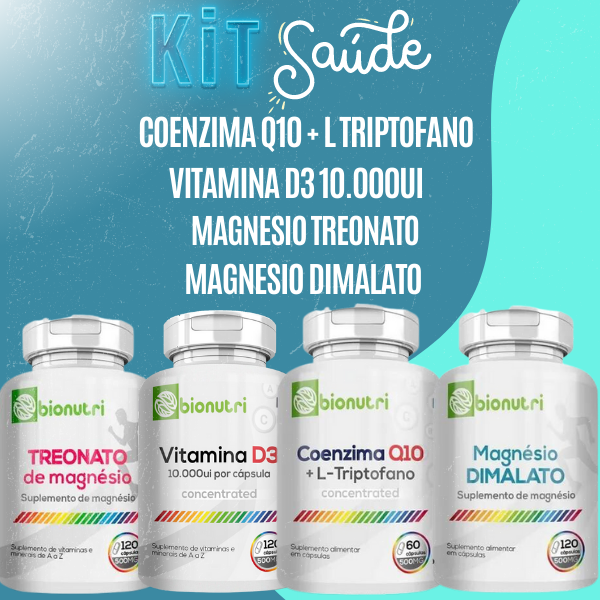 Super Kit Vit. D3 10.000ui 120Cáp Coenzima Q10 60Cáp Magnésio Dimalato e Treonato 120Cáp 100% ...