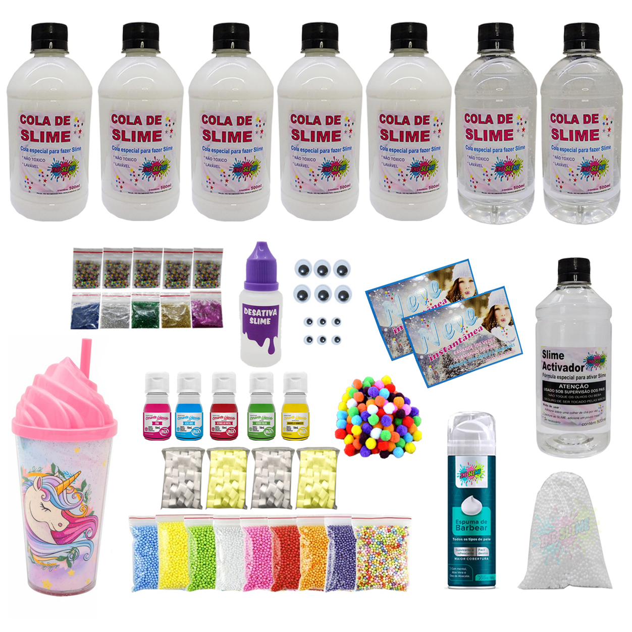 Kit P/fazer Slime Cola Branca Transparente Coloridas Neve Espuma - Ine ...