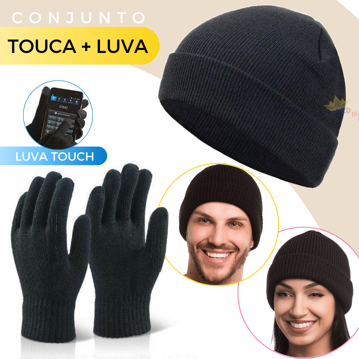 Kit Touca e Luva Touch Screen de Frio Lã Adulto Inverno kit Inverno ...