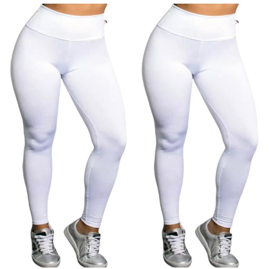 Kit 2 Leggings Suplex Branca Feminina Cós Alto confortável Lisa Branco ...