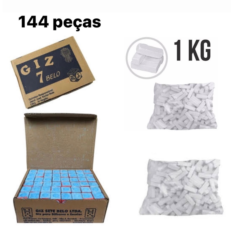 Kit 144 Giz Azul 7 Belo 1 Caixa + 1 Kg Giz Branco Quadrado p/ mesa de ...