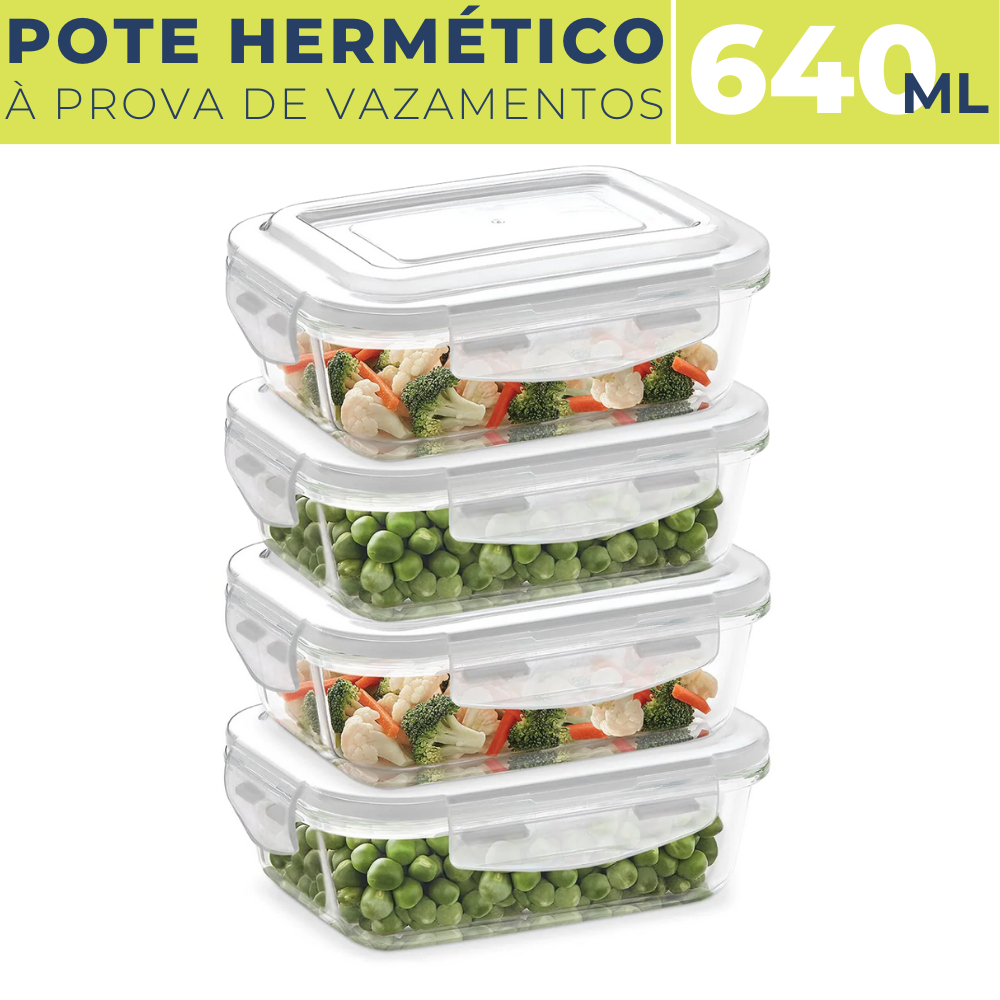 4 Pote de Vidro Hermético 640 ML Com Tampa Plástica e Vedação BPA FREE ...