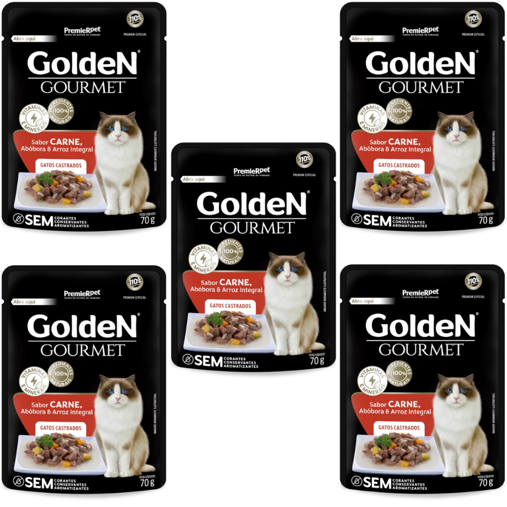 Golden Gourmet Gato Kit 5 Saches Gatos Castrados Carne Abóbora Arroz ...