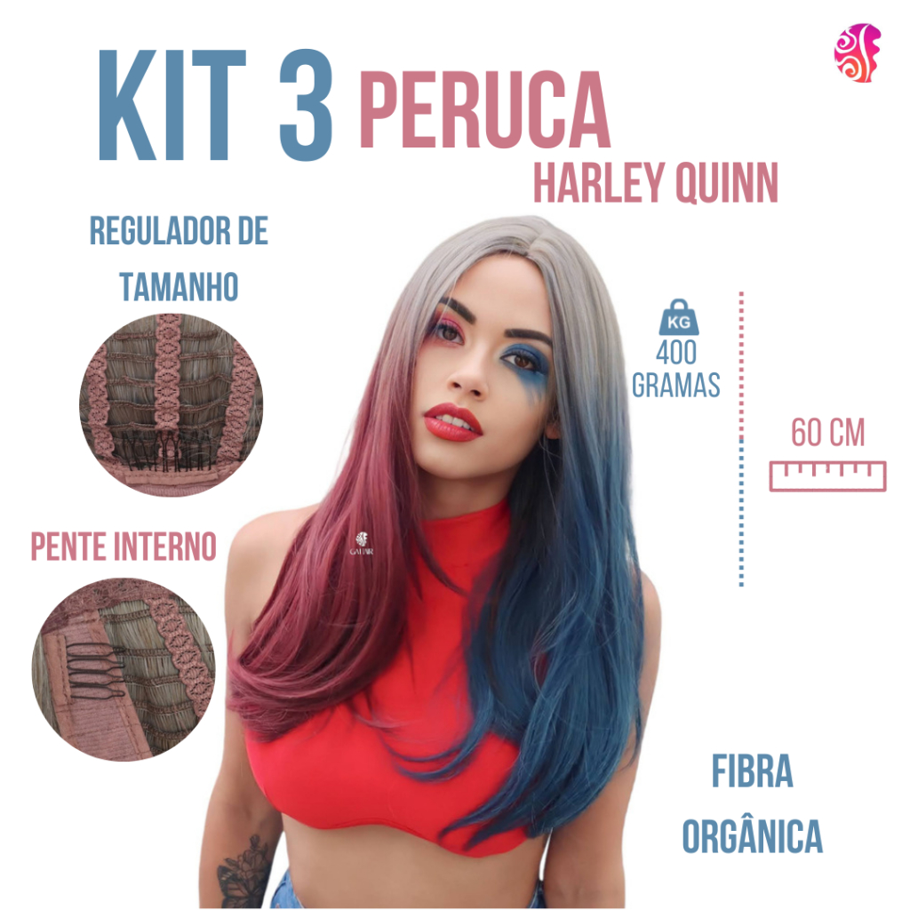 Kit Com 3 Perucas Harleen Quinzel Para CosPlay Alerquina Com 60cm Em ...