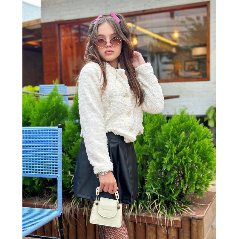 Conjunto Luxo Inverno Casaco Teddy + Saia Couro Estilosa Infanto ...