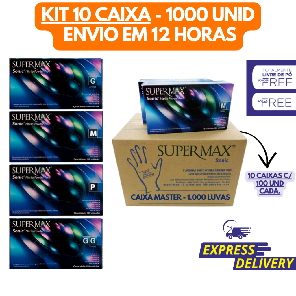 Kit 10 Luva Descartável Nitrílica Azul Cobalto Sonic Sem Pó C/100 Unidades Supermax - Faz a Boa!