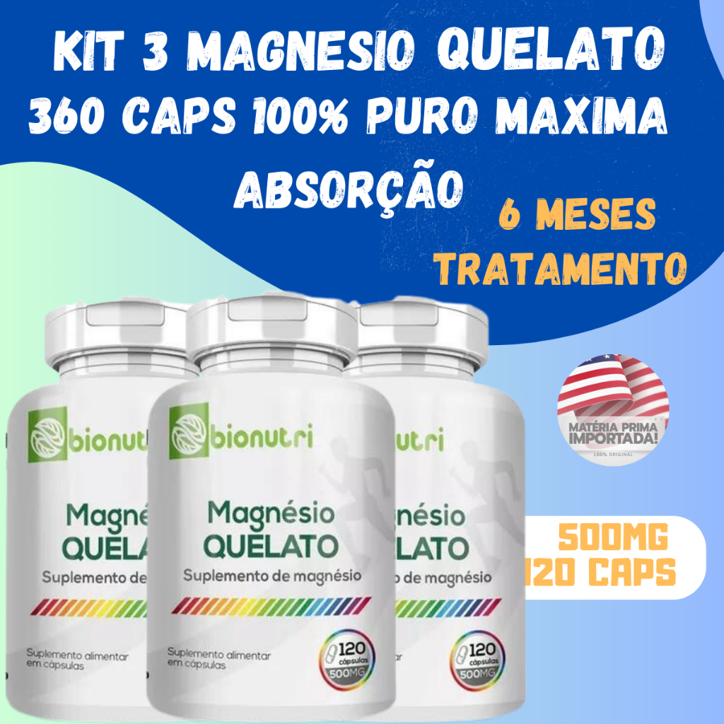 Kit 3 Magnesio Quelato Puro 500mg 360 Cáps Memoria Ossos Desempenho fisico | Shopee Brasil