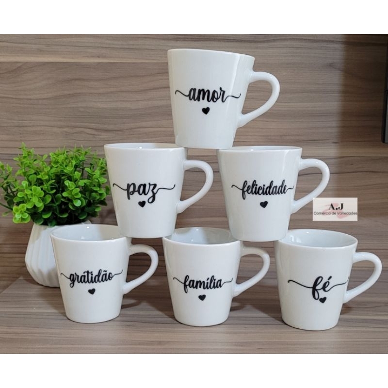 Jogo 6 xícaras porcelana branca frases 120ml | Shopee Brasil