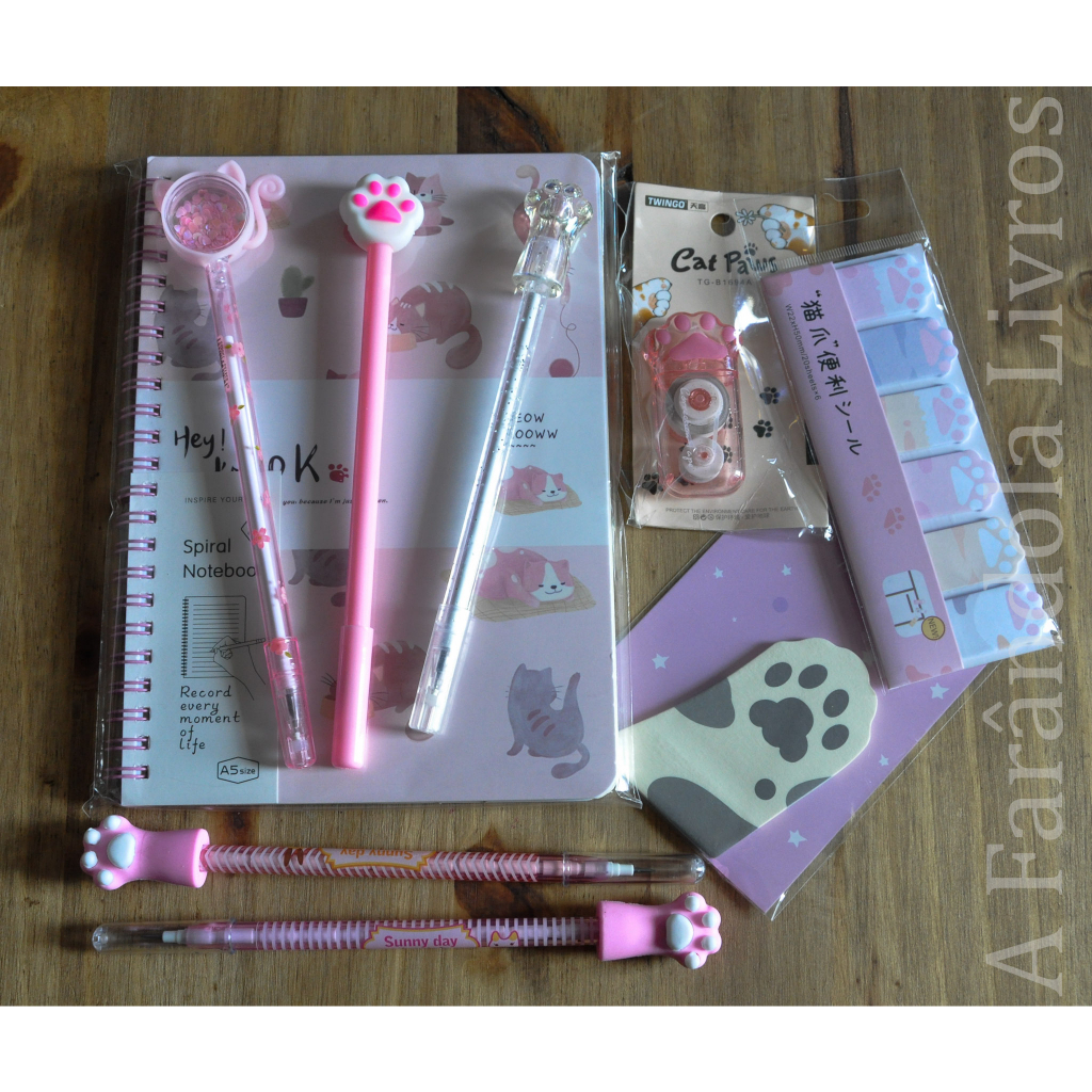 Kit Papelaria Fofa Kawaii Gatinho Rosa | Shopee Brasil