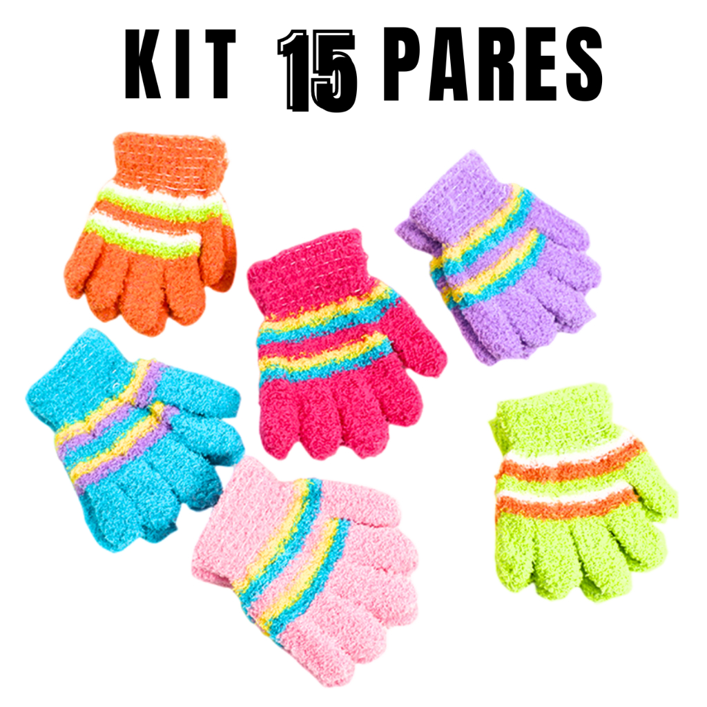 Kit 15 Pares Luva Infantil Lã Listrado Pelúcia Inverno Frio Criança ...