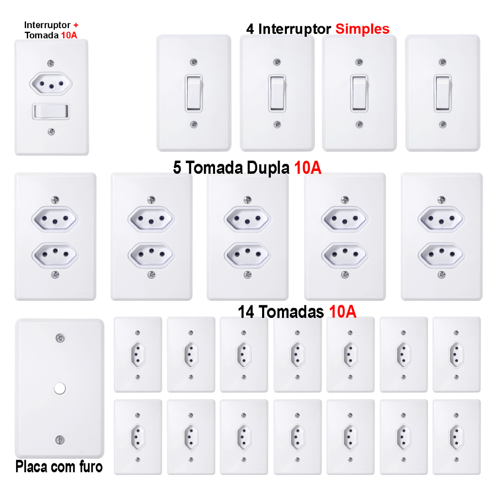 Kit 25 Tomadas e Interruptores Simples Tomadas 10A Com Placas e ...