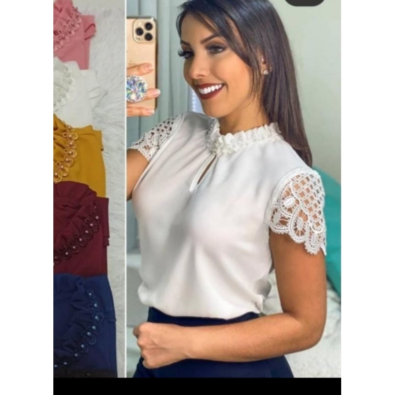 Blusas femininas , gola plissada com pérolas | Shopee Brasil