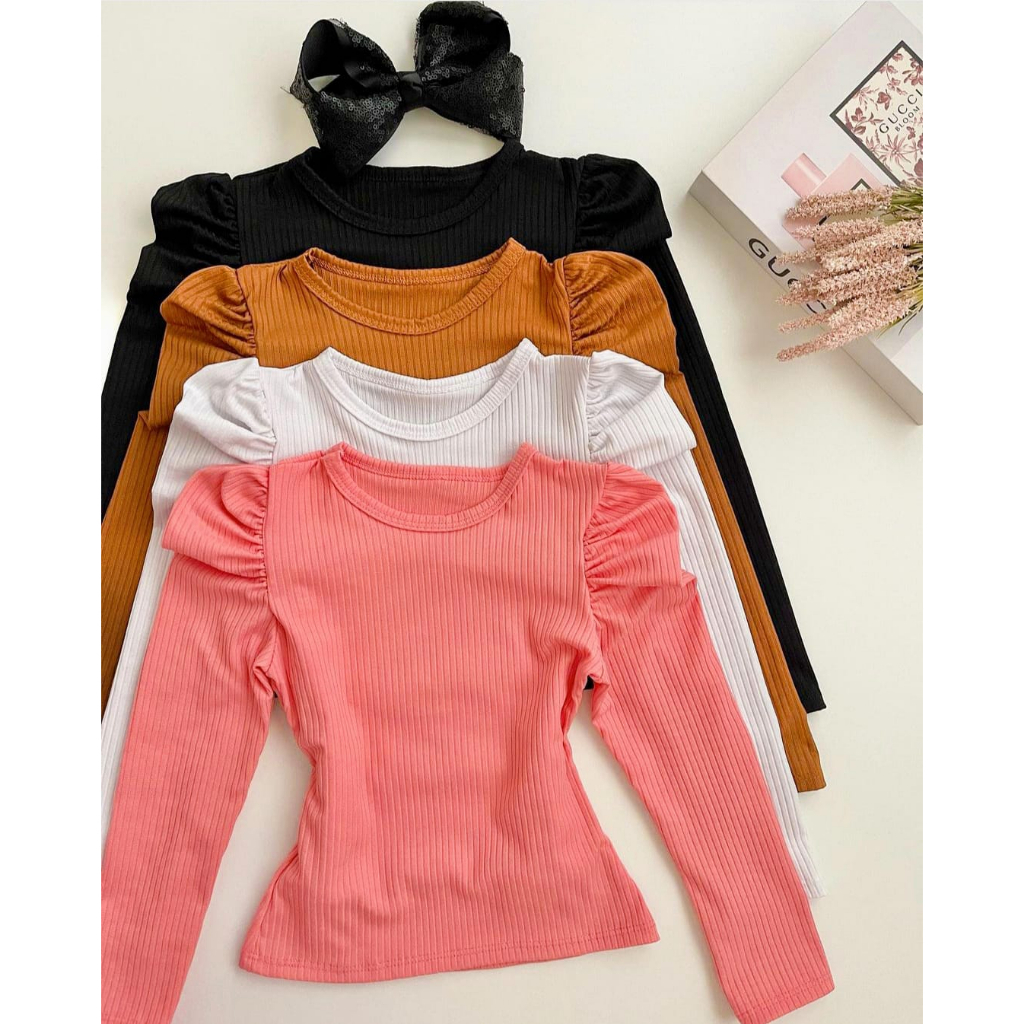 Blusa Manga longa Infantil Canelada Gola Alta e Manga Princesa | Shopee Brasil