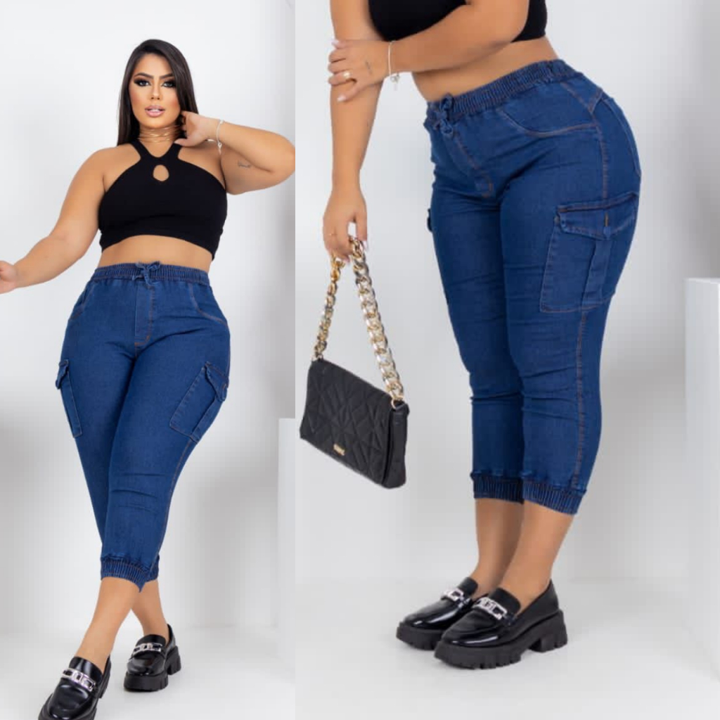 calça cargo plus size jogger com bolsos laterais cós alto lycra premium ...