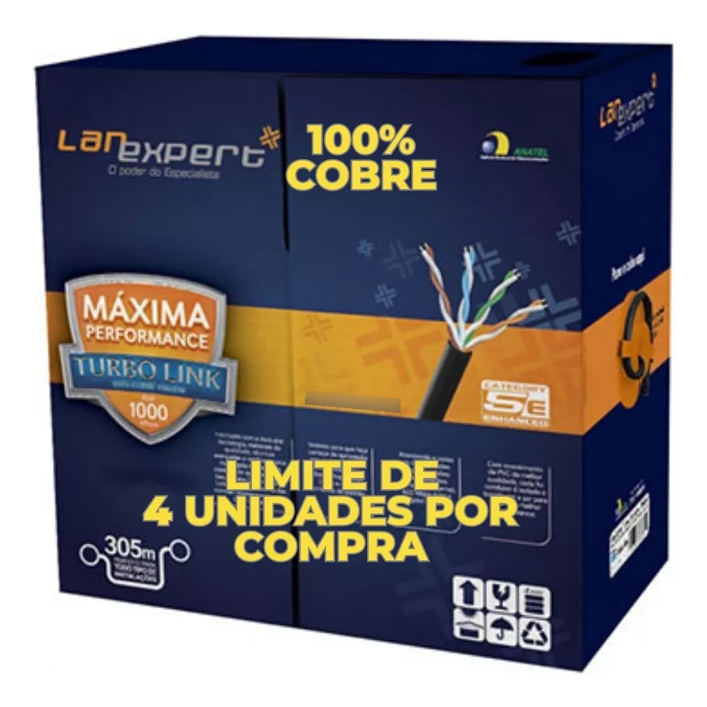 Cabo Rede UTP Lan Cat5e 4 Pares 100% Cobre 305 Metros Preto - Lan ...