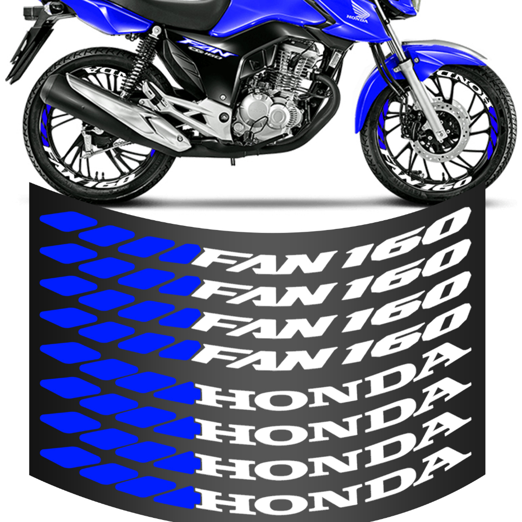 Kit 8 Adesivo Roda Fan 160 Grande Para Moto Branco e Azul Colante ...