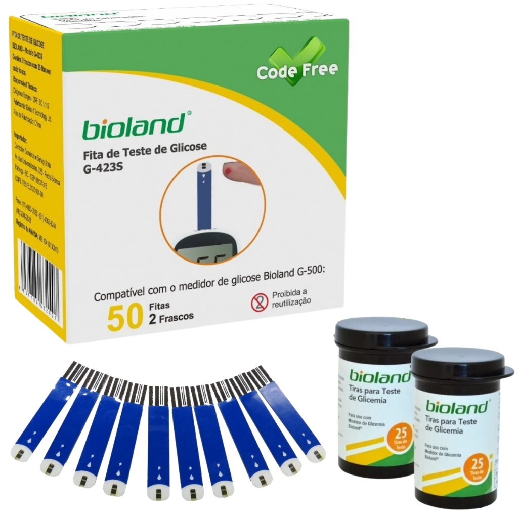 50 Tiras Glicemia Bioland G-423S 1 Caixa com 2 Frascos - Fita Teste p ...