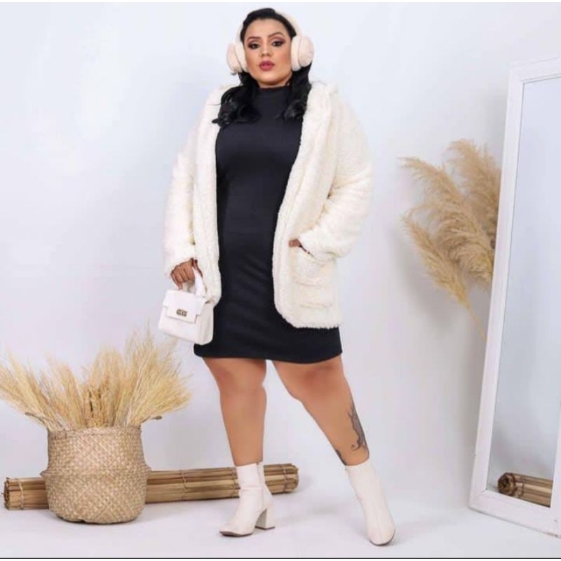 CASACO TEDDY PLUS SIZE MAX, QUENTE COM CAPUZ E BOLSO | Shopee Brasil
