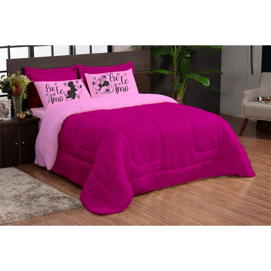 edredom dupla face ele/ela varias cores 05 peças casal queen | Shopee ...