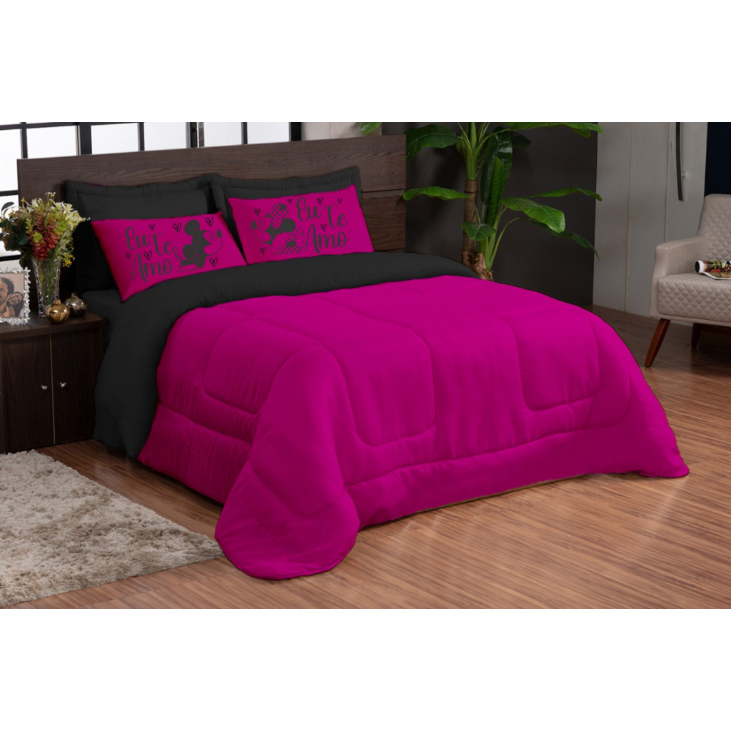 edredom dupla face ele/ela varias cores 05 peças casal queen | Shopee ...