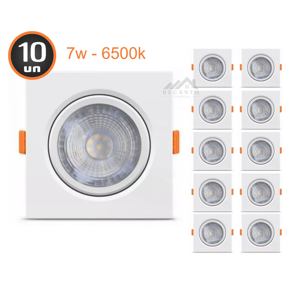 Kit 10 Led Spot 7W Luminária Quadrado Embutido Branco Frio 6500k Bivolt ...