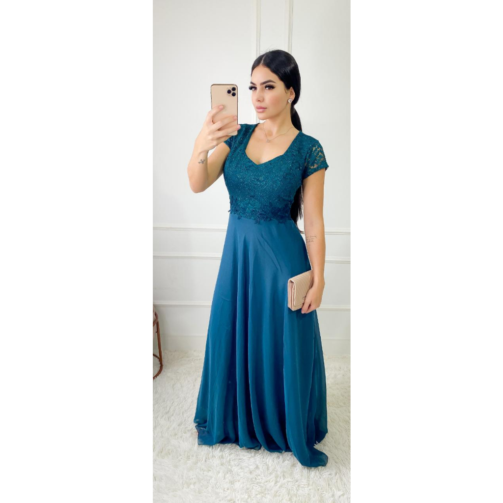 Vestido de Festa Manguinha Renda Discreto Yuli moda evangelica modesta | Shopee Brasil