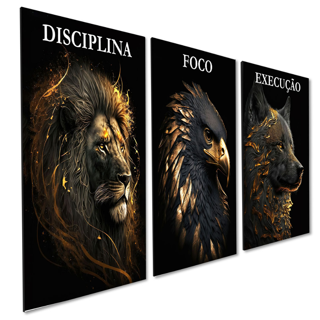 Kit 3 Quadros Decorativos Leão Água Lobo Disciplina Foco Execução ...