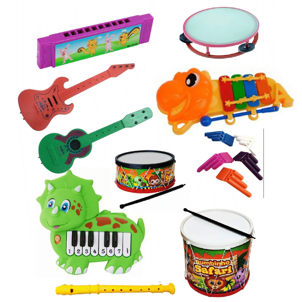 Kit Musical Brinquedos Educativo C/4 Instrumentos Tambor Violão pandeiro Flauta Infantil ...