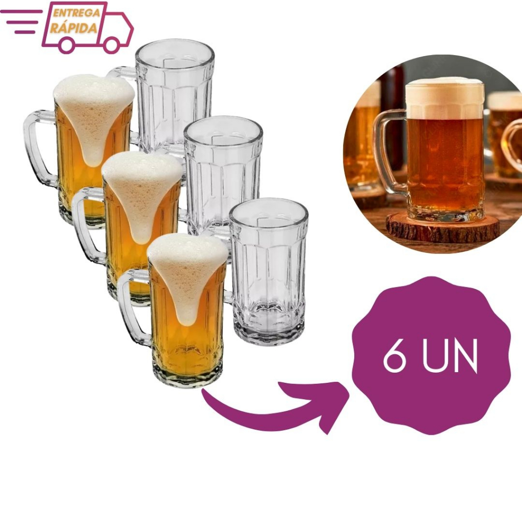 Kit 6 Canecas de Chopp Cerveja 390ml Vidro | Shopee Brasil