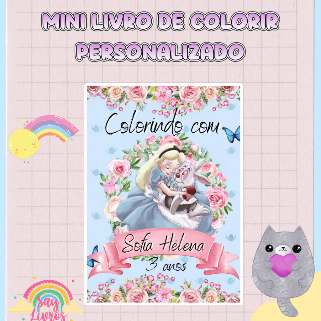 Mini livro de colorir personalizado - Tema: Alice no país das ...