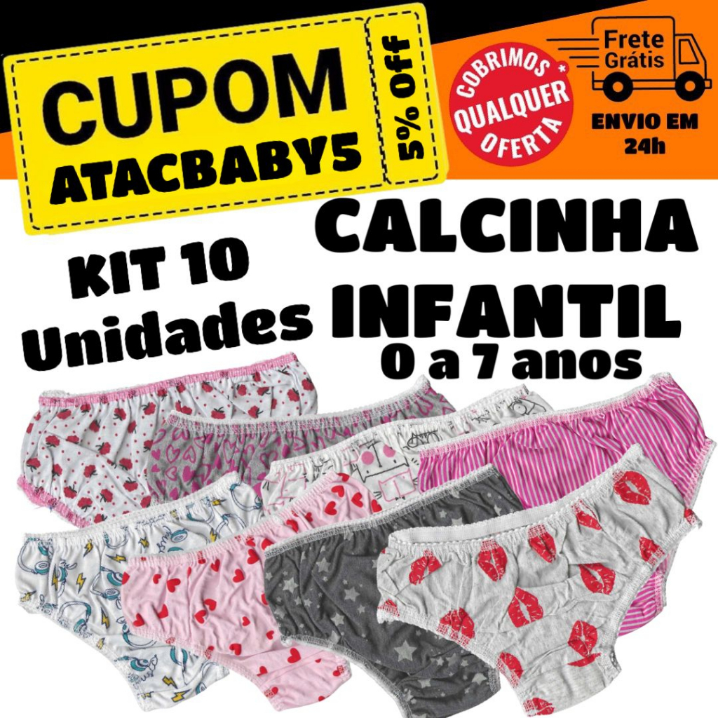 Kit 10 Calcinhas Infantil menina Algodão Calcinha bebê Calcinha ...