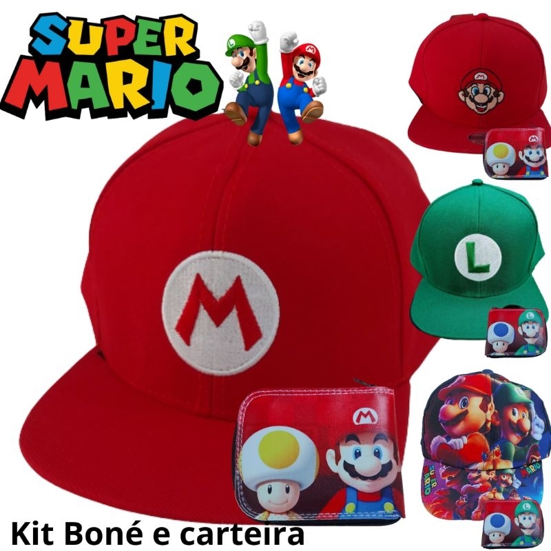 Boné aba reta e carteira infantil menino Super Mario Bross e Luigi ...