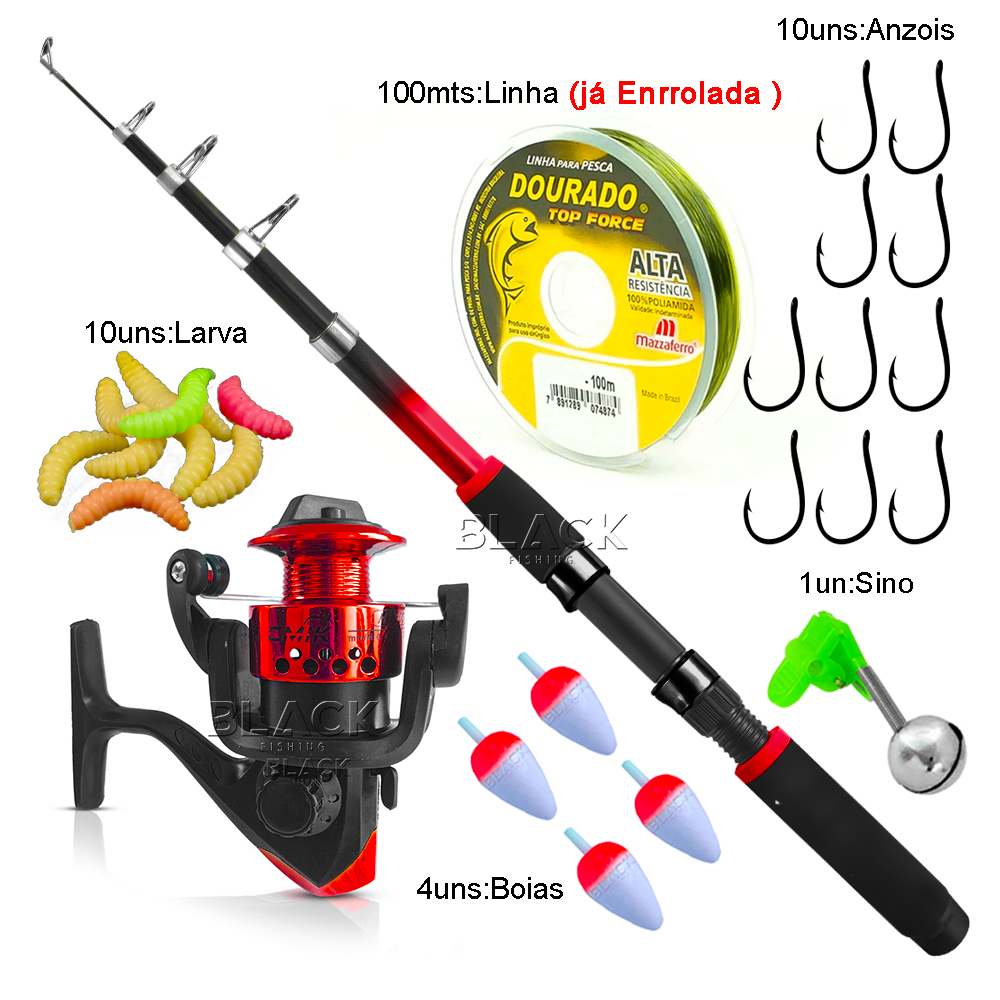 Kit Pesca Vara 1,70m e Molinete e Linha/ Boias/Anzois/Sininho/Larvas Ótimo P/ Pesqueiro Rios ...