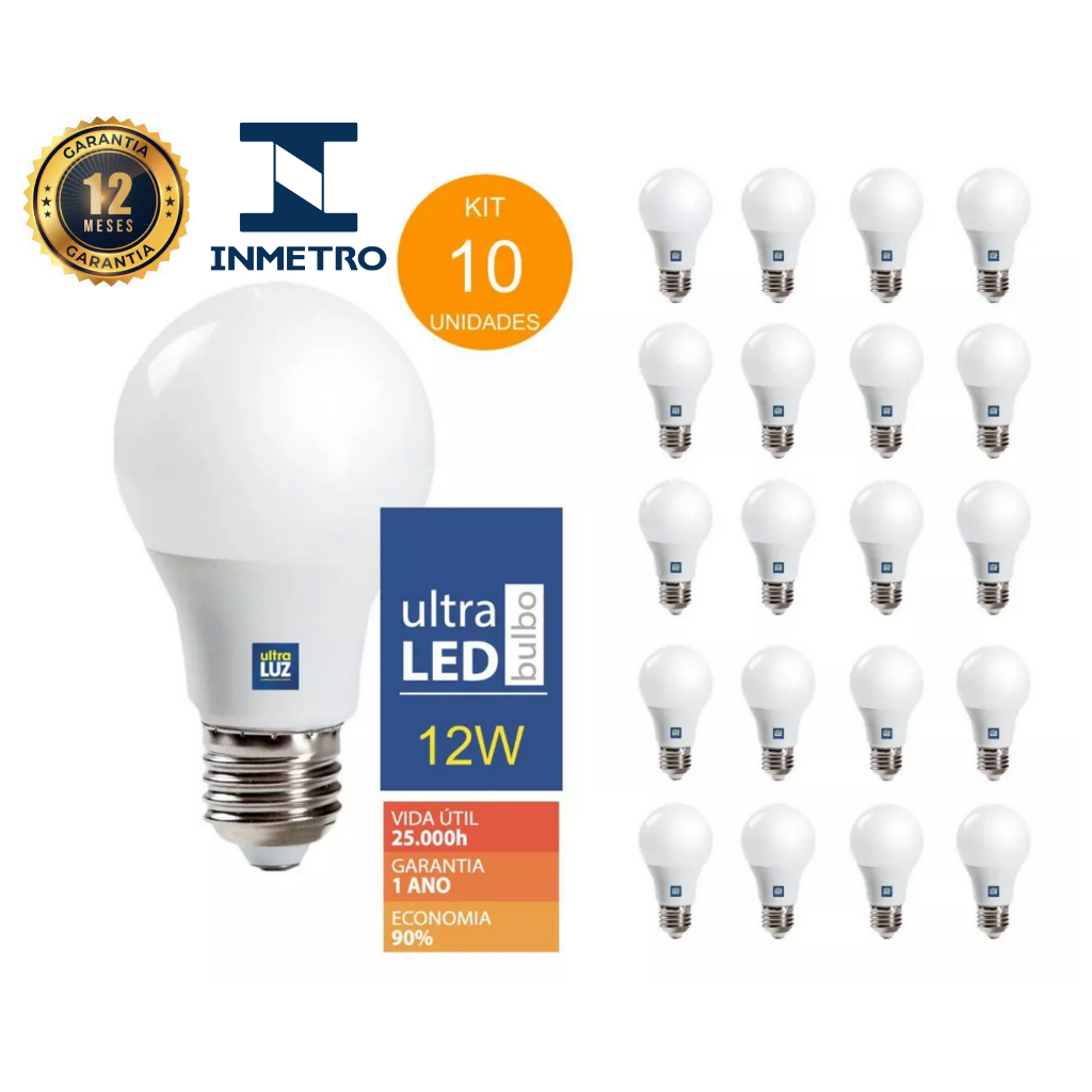 Kit 10 Lâmpada Led 12w Bulbo E27 6500k Branco Frio Ultra Luz | Shopee Brasil