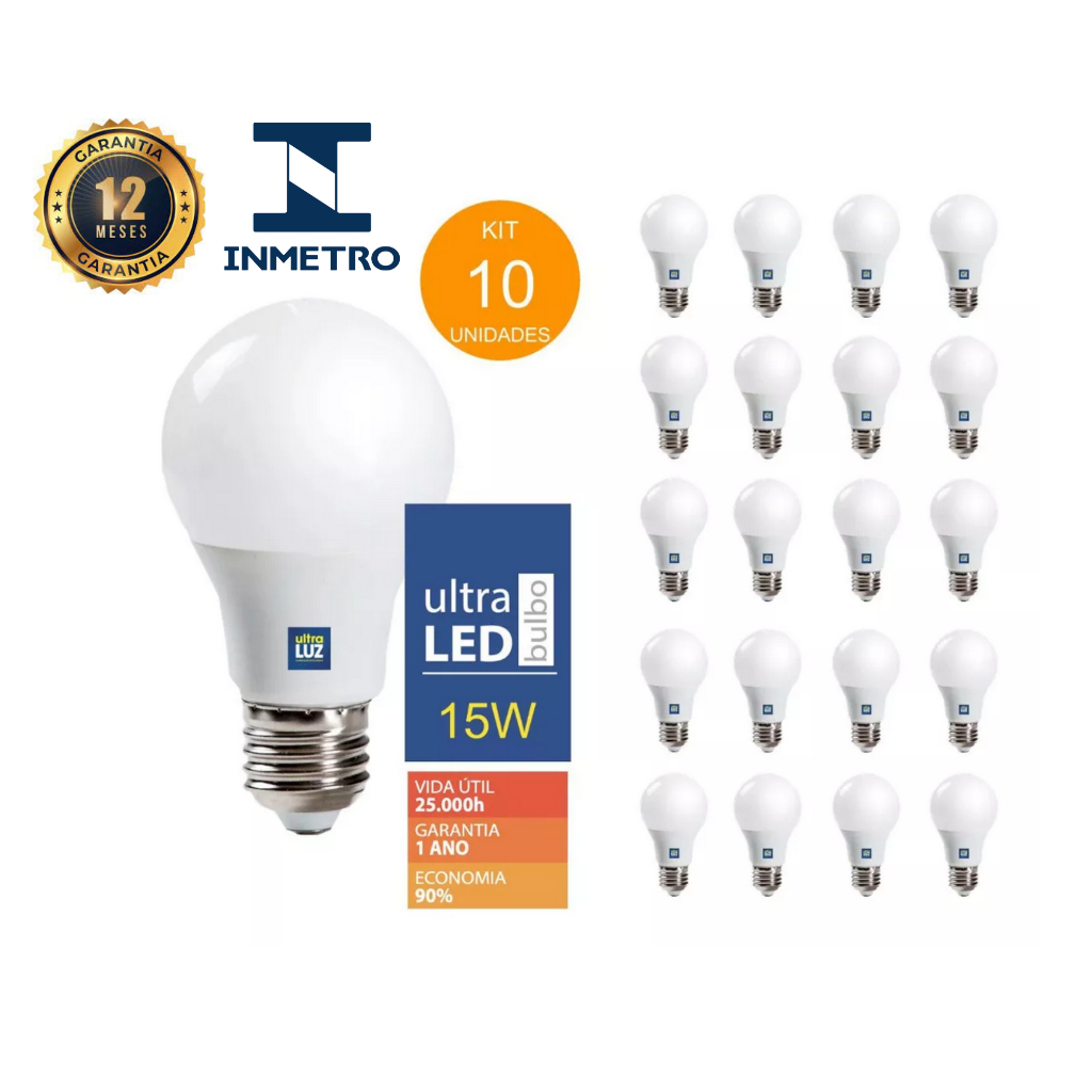 Kit 10 Lâmpada Led 15w Bulbo E27 6500k Super Econômica Branco Frio Ultra Luz ( 12 meses de ...