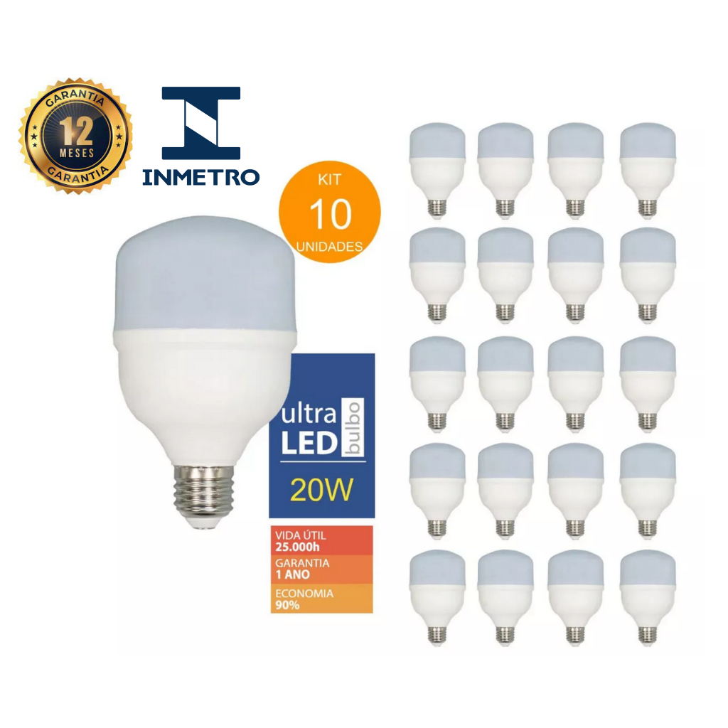 Kit 10 Lâmpada Led Bulbo 20w Led 6500k E27 Super Econômica Branco Frio Ultra Luz ( 12 meses de ...