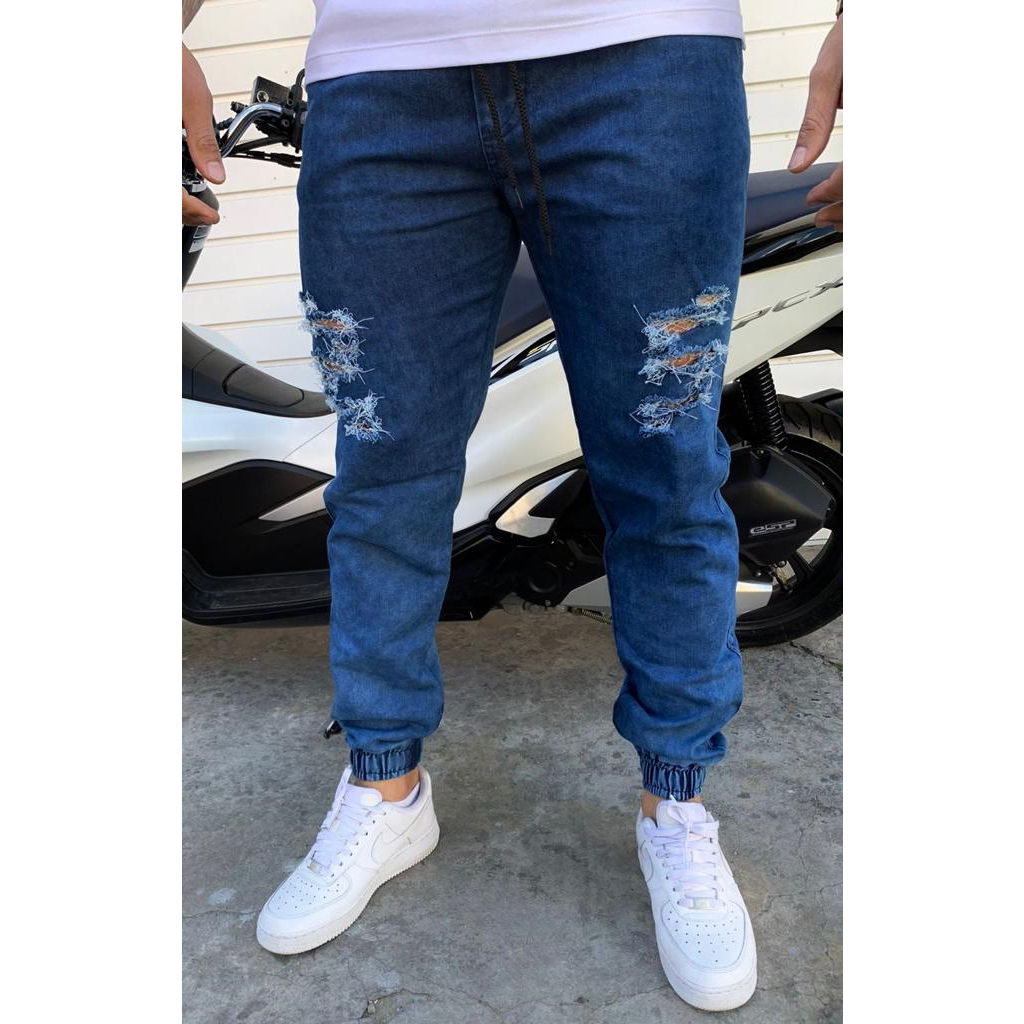 Calça Masculina Jogger Jeans E Sarja Premium Jeans Rasgado Preta Bege