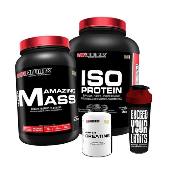 Kit Iso Protein 2kg + Amazing Mass 1,5kg + Creatina 100g + Coqueteleira ...