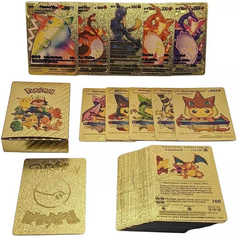 Kit 54 Cartas Cartinha de Pokemon Inglês Dourada Brilhante Vmax Gx ...