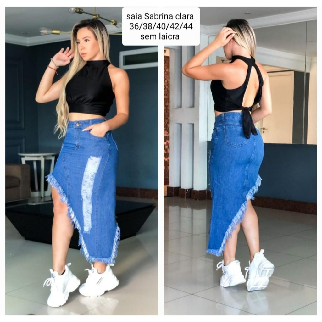 SAIA MIDI JEANS DETONADA SABRINA SEM LAICRA | Shopee Brasil