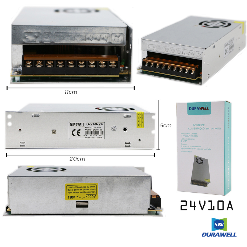 Fonte Chaveada Estabilizada Bivolt 110-220v 24v 10A 240W - Faz a Boa!